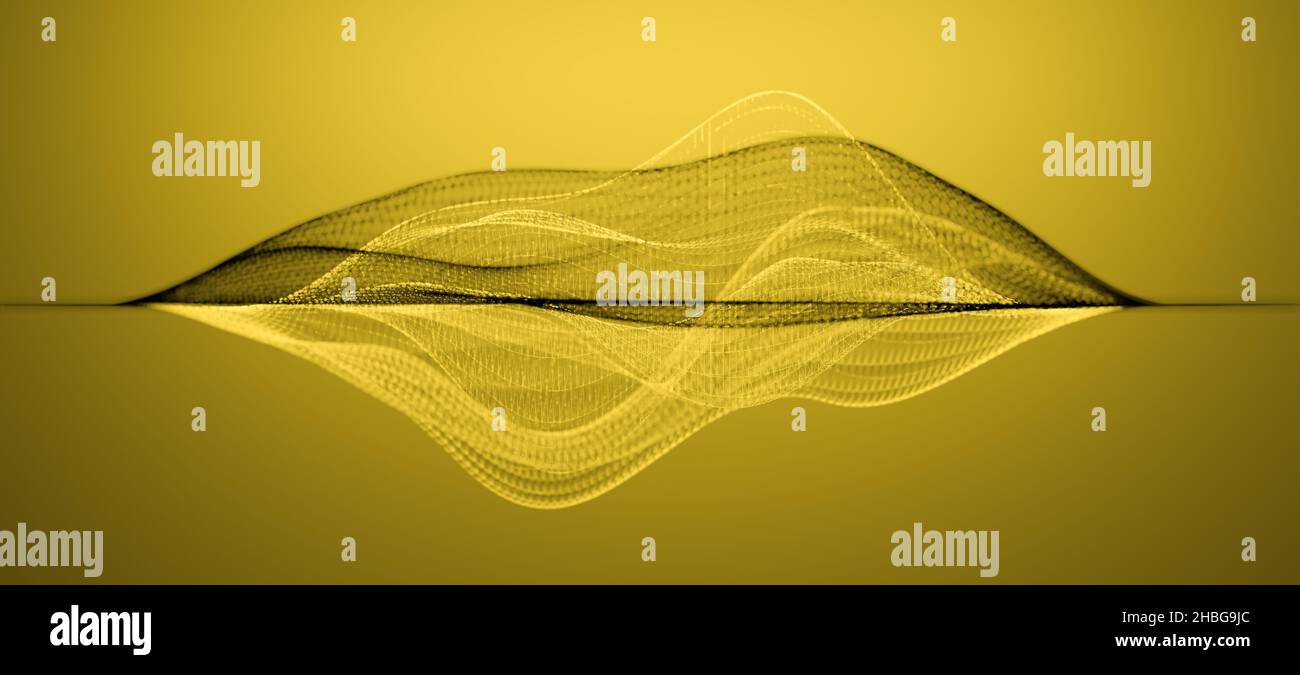 Wireframe Waveform Structure Or Abstract Visualization Of Audio Sound Waves On Yellow Background
