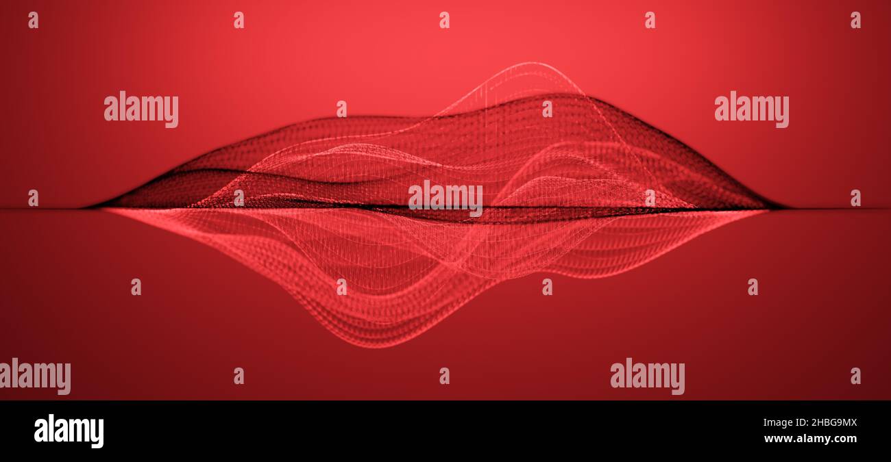 Wireframe Waveform Structure Or Abstract Visualization Of Audio Sound Waves On Red Background