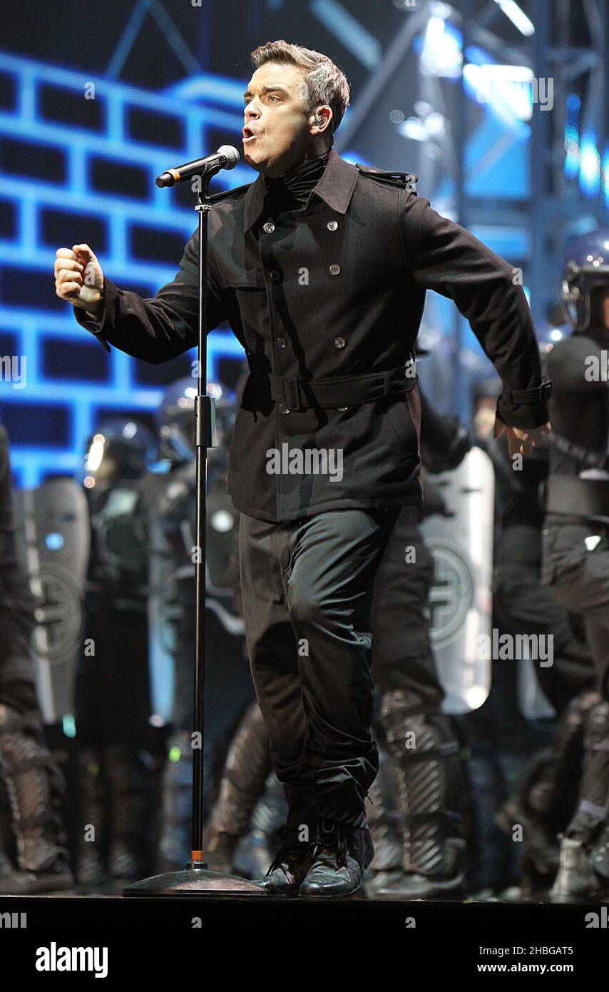 Robbie williams during the 2011 brit at the o2 arena hi-res stock ...