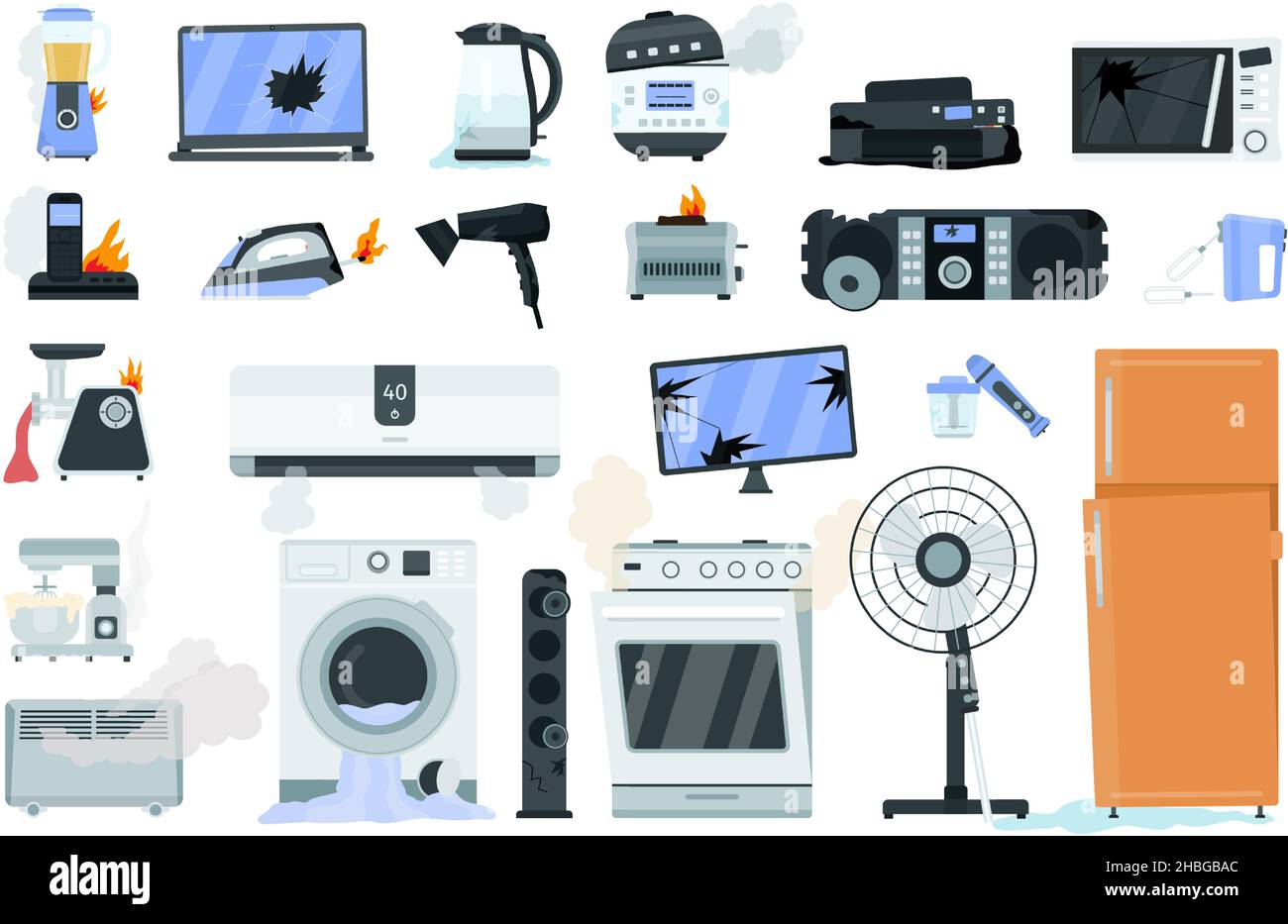 Flat broken household appliance, damaged tech on fire. Burnt out ...