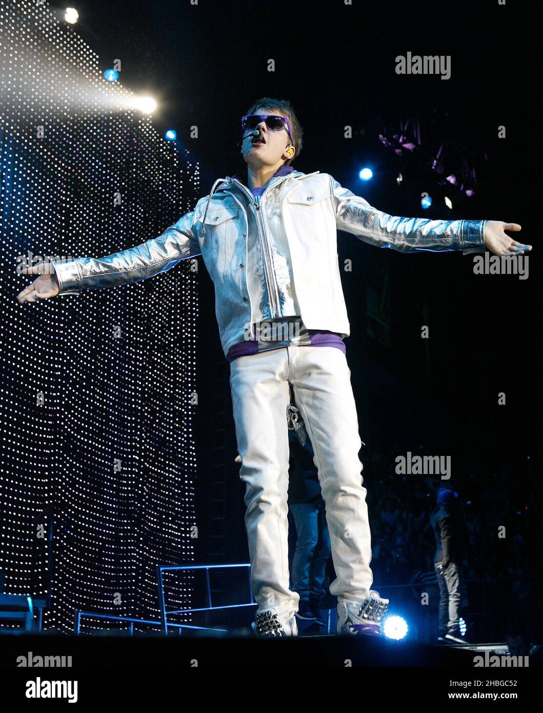 Justin Bieber performs on stage at the O2 Arena in London Stock Photo ...