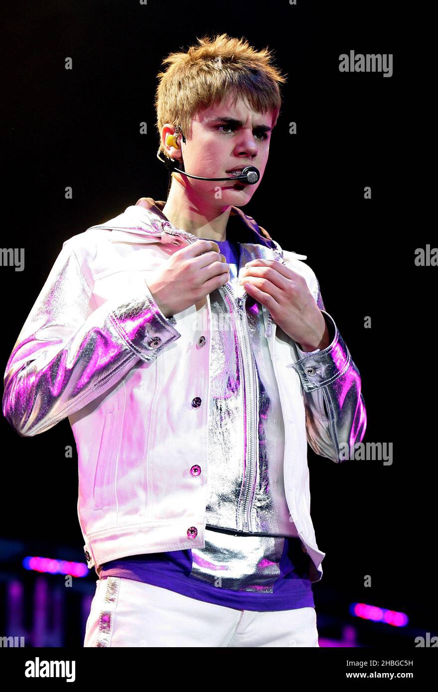 Justin Bieber performs on stage at the O2 Arena in London Stock Photo ...