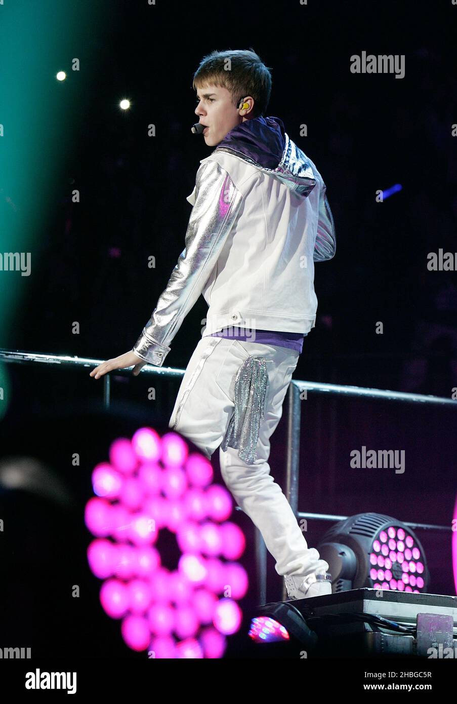 Justin Bieber performs on stage at the O2 Arena in London Stock Photo ...