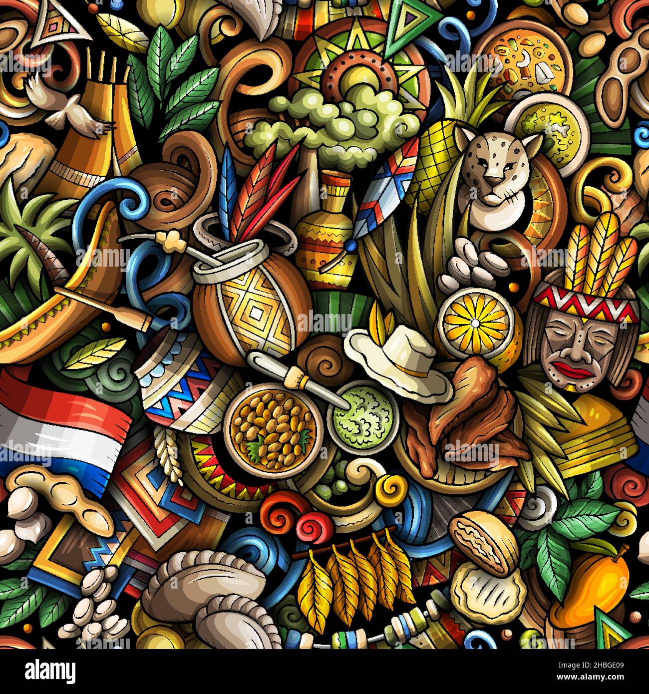 Cartoon doodles Paraguay seamless pattern. Backdrop with Latin American ...