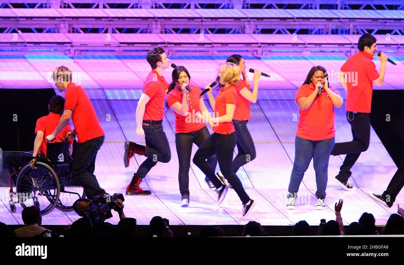 The Cast of Glee on stage during the Glee Live Tour at The O2 Arena in ...