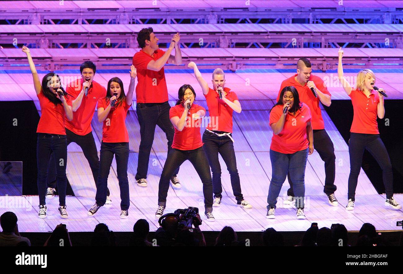 The Cast of Glee on stage during the Glee Live Tour at The O2 Arena in ...