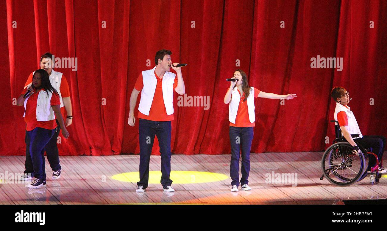 The Cast of Glee on stage during the Glee Live Tour at The O2 Arena in ...