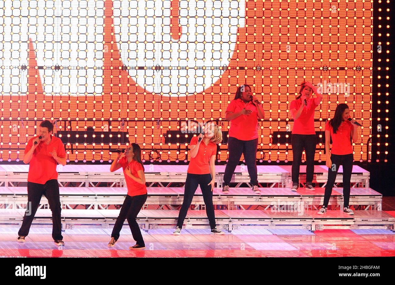 The Cast of Glee on stage during the Glee Live Tour at The O2 Arena in ...