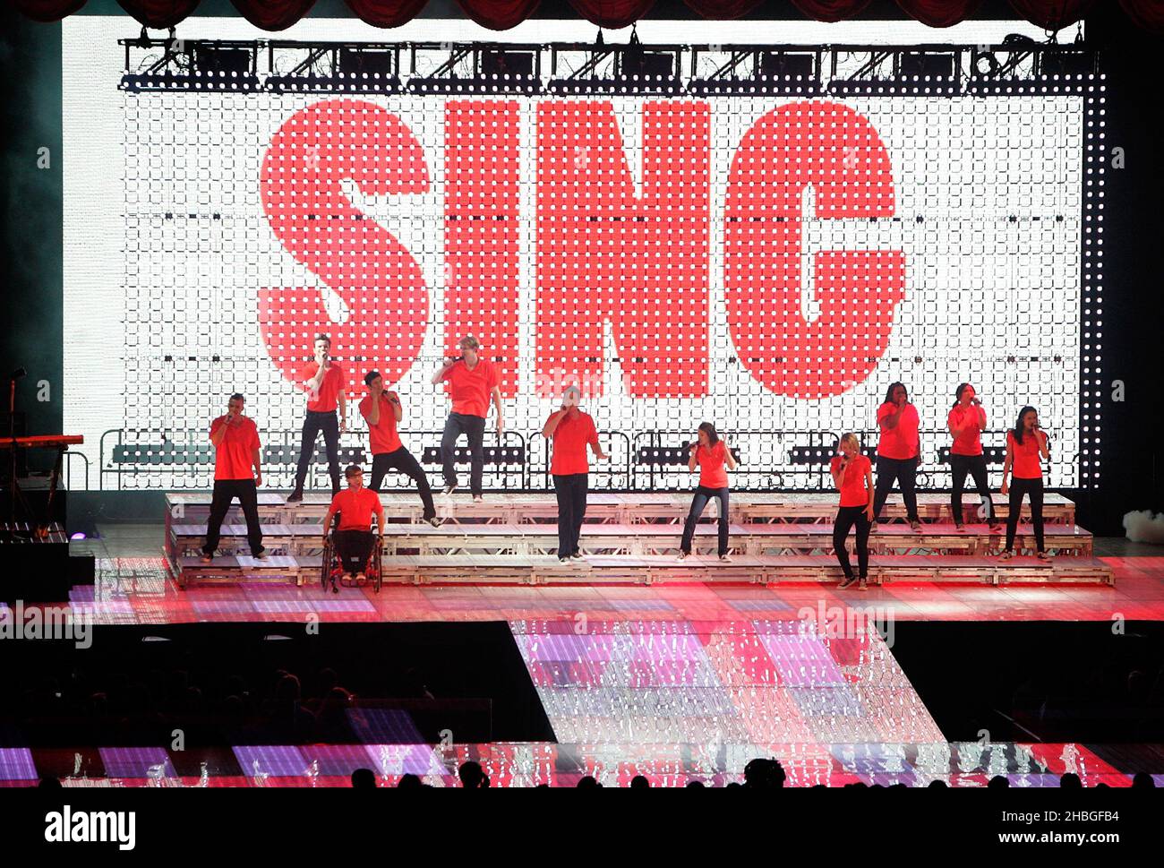 The Cast of Glee on stage during the Glee Live Tour at The O2 Arena in ...