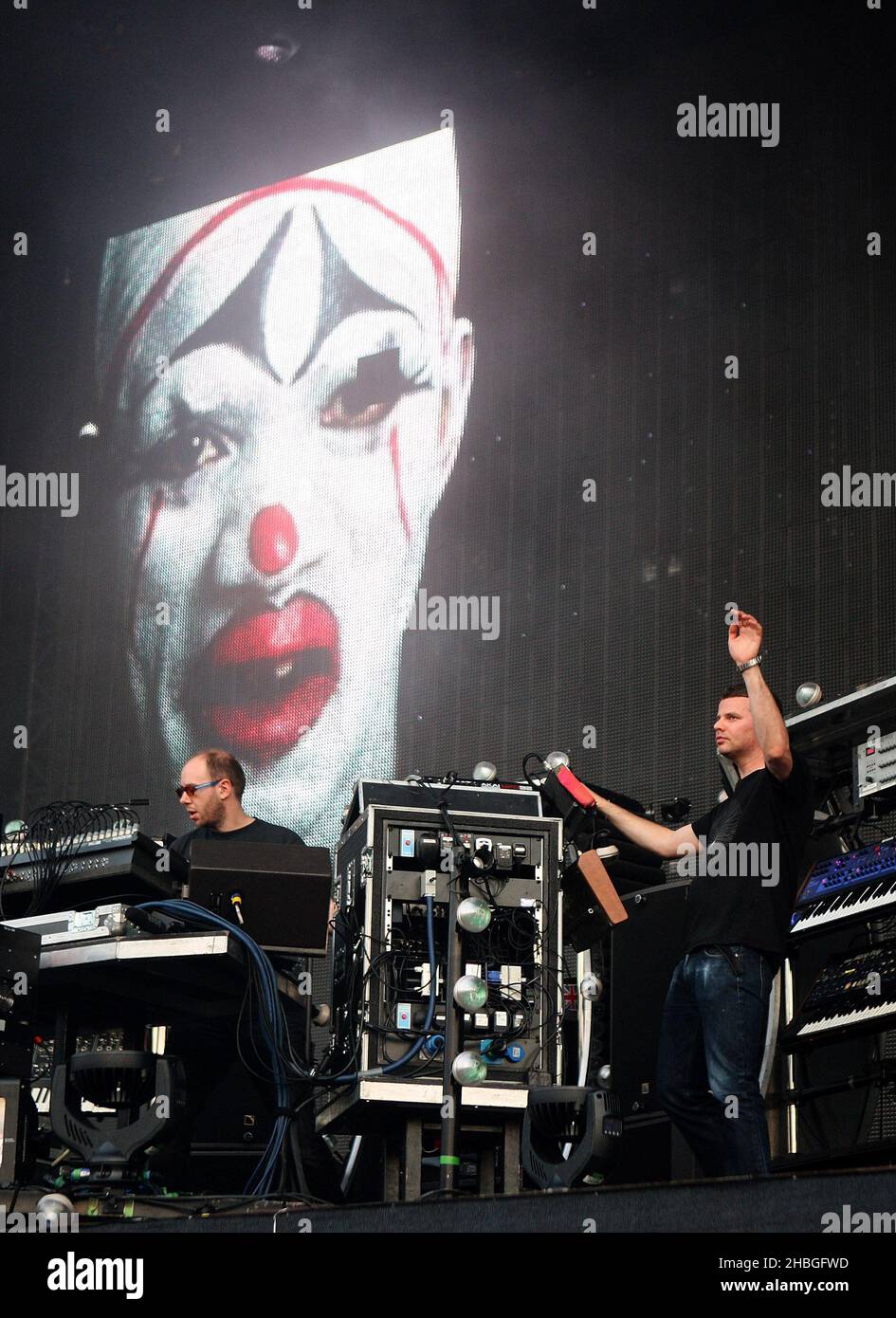 (L) Tom Rowlands and Ed Simons of The Chemical Brothers perform at ...