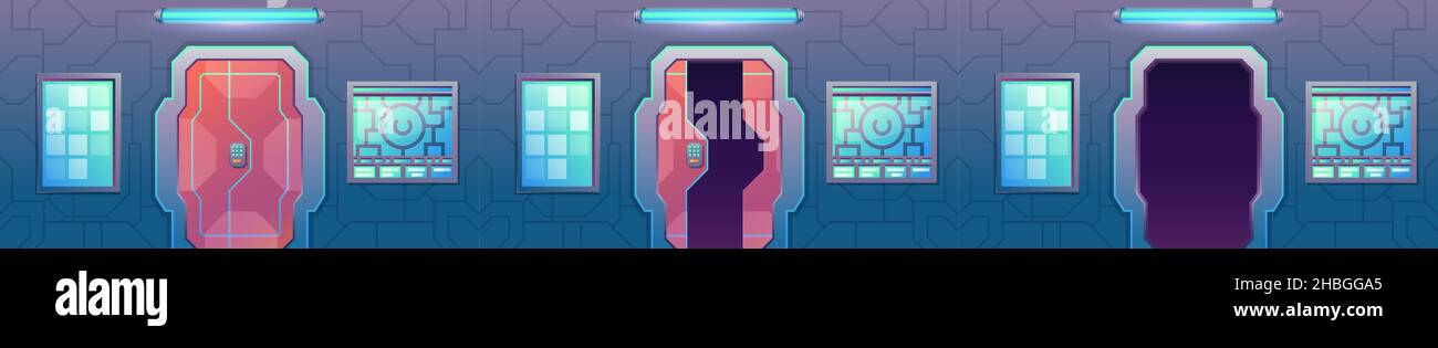 Spaceship sliding gate, futuristic laboratory door open animation ...