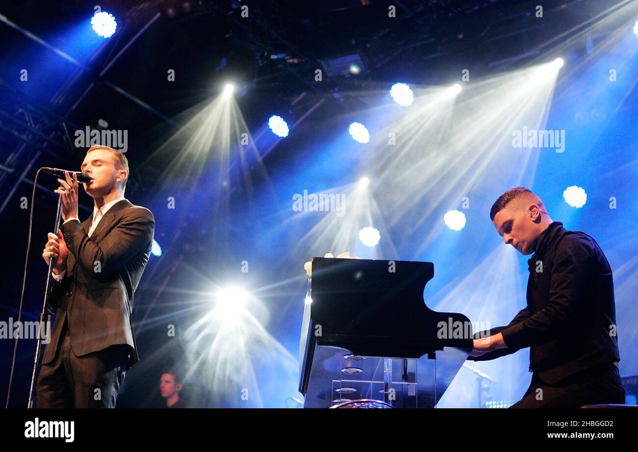 Theo Hutchcraft and Adam Anderson of Hurts perform at Somerset House on ...
