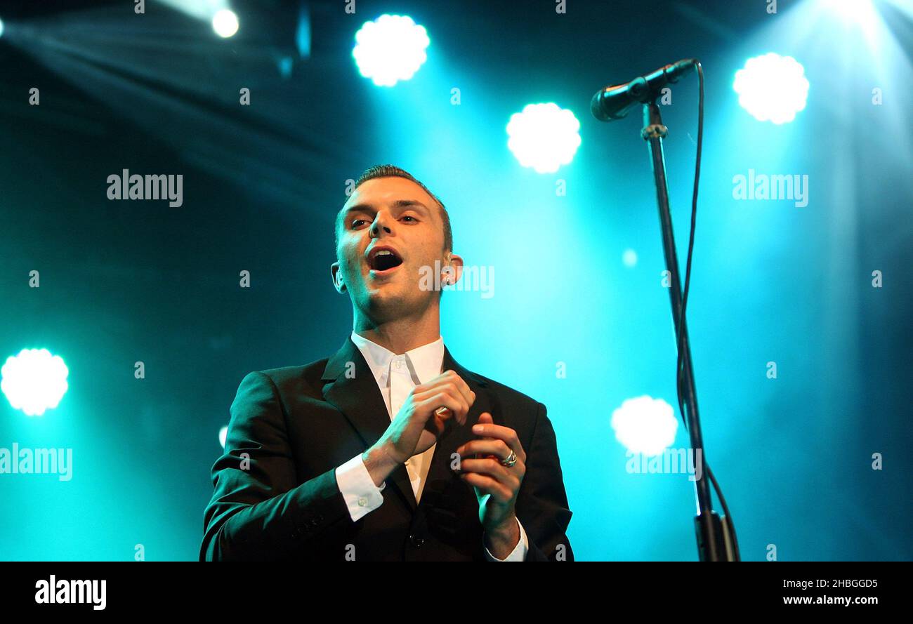 Theo Hutchcraft of Hurts performs at Somerset House on July 14,2011 in ...