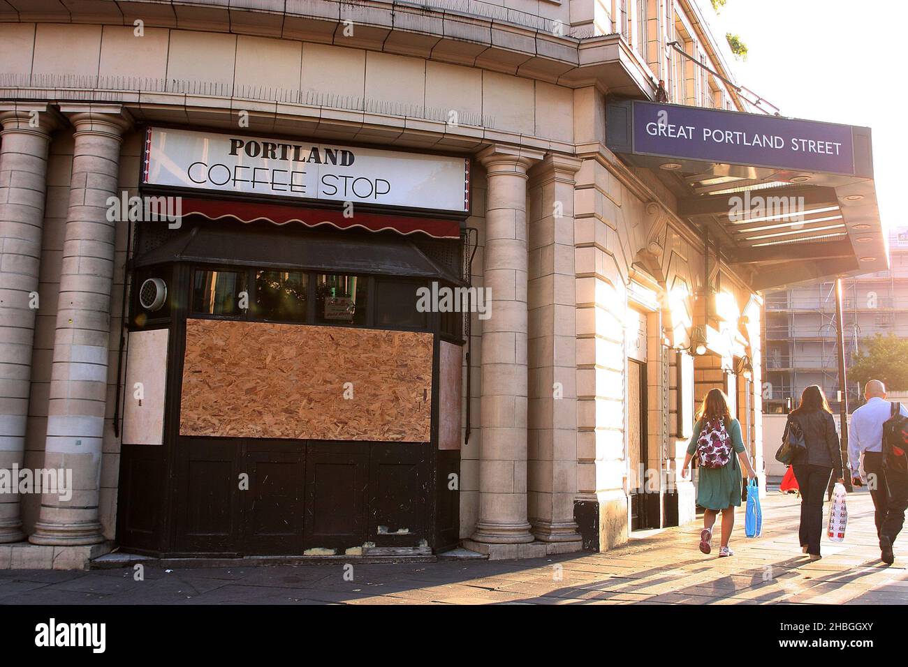 A coffee shop at Great Portland Street Tube Station is boarded up in ...