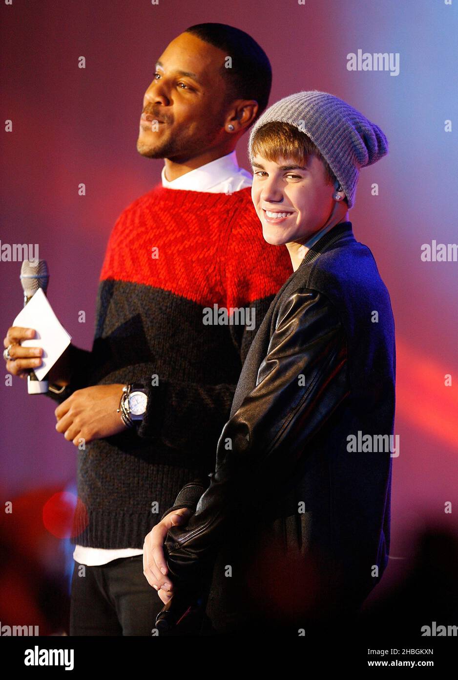 Justin Bieber on stage with Reggie Yates before switching on the ...
