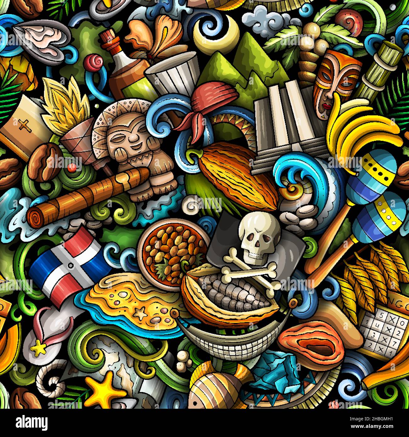 Cartoon doodles Dominican Republic seamless pattern. Backdrop with ...