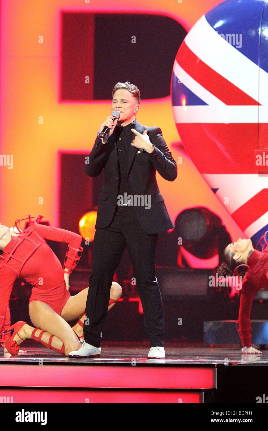 Olly Murs performs during the 2012 Brit awards at The O2 Arena, London ...