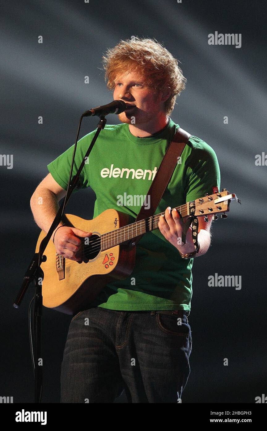 Ed Sheeran performs during the 2012 Brit awards at The O2 Arena, London ...