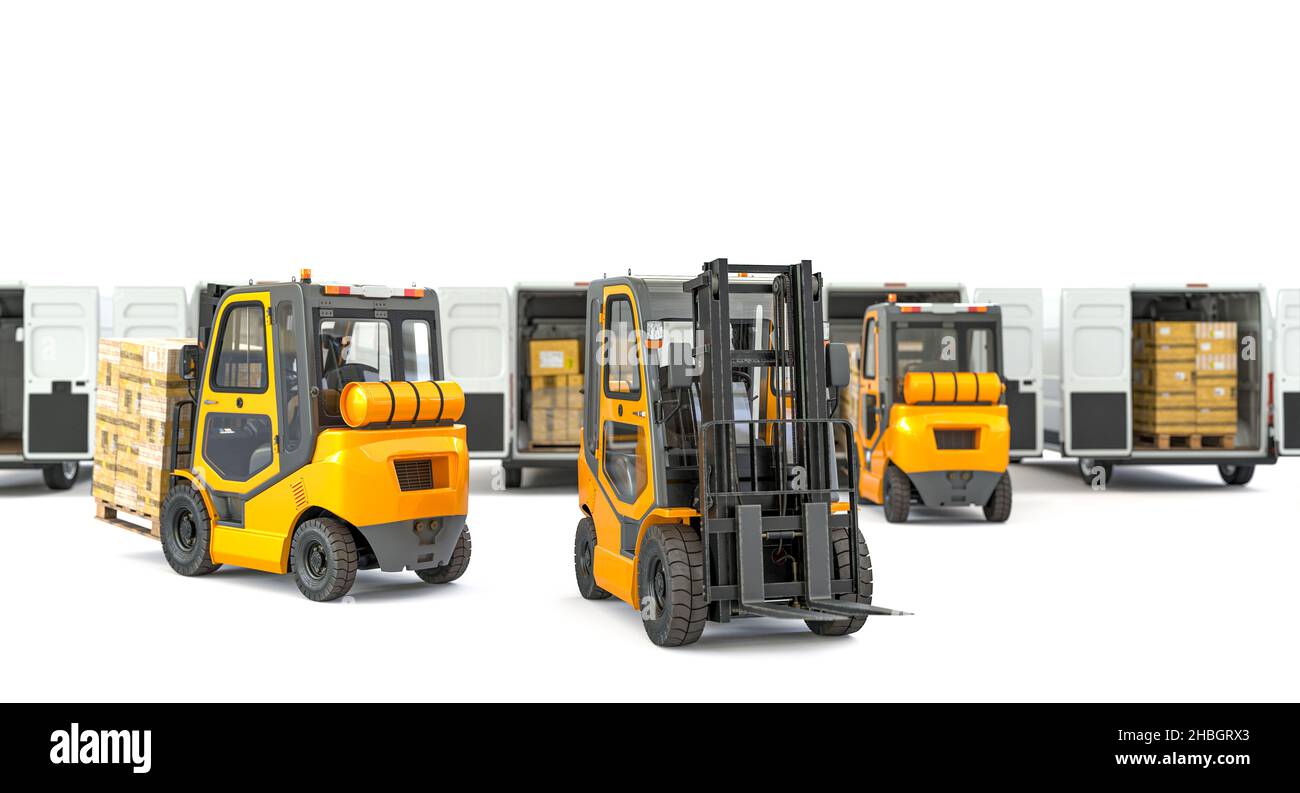 yellow forklifts loading pallets onto van. 3d render Stock Photo - Alamy