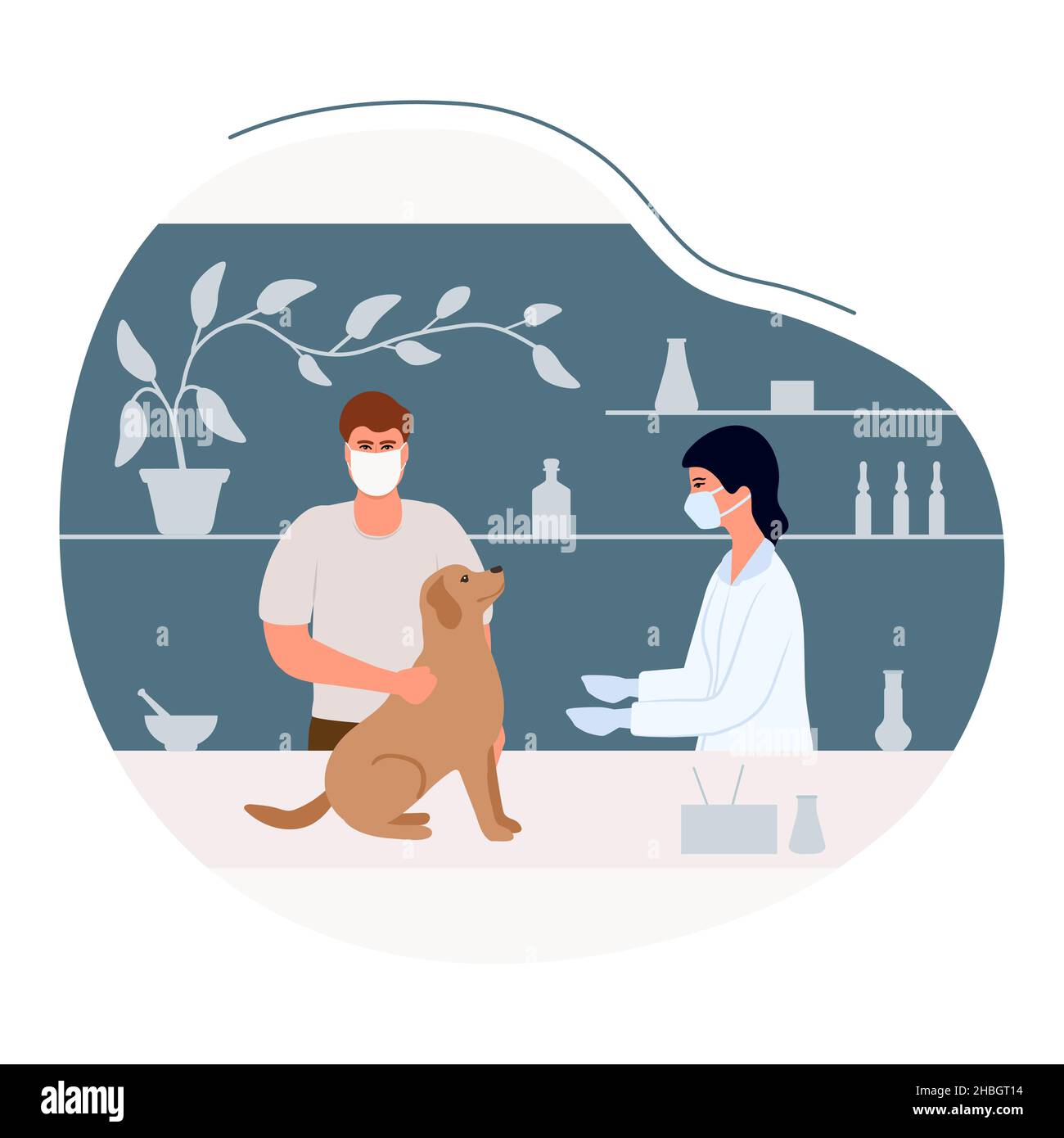Vector illustration Visit to doctor with dog. Veterinary clinic ...