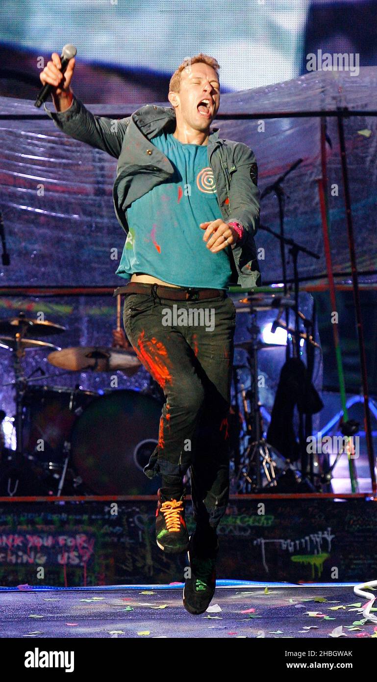 Chris Martin of Coldplay performs at Emirates Stadium, North London ...