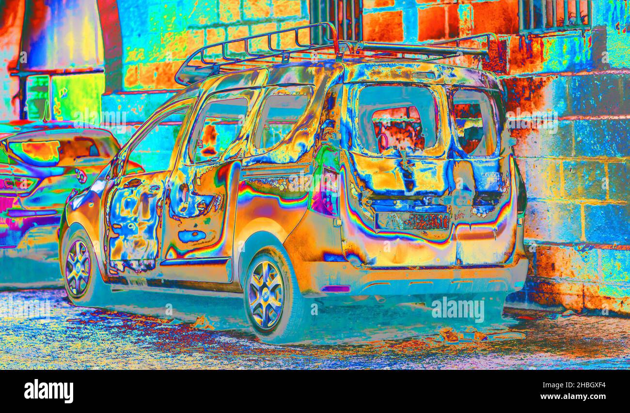Burned car. - digitally manipulated, abstract, close up of the melted ...