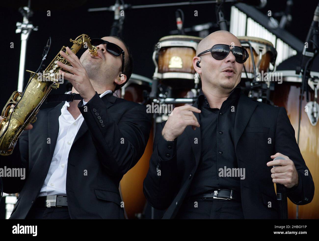 Pitbull perform on stage at Day 3 of The Barclaycard Wireless Festival ...