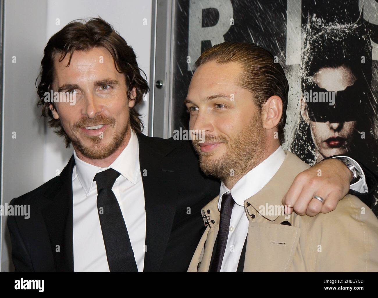 Christian Bale and Tom Hardy attend the 'The Dark Knight Rises' Premiere at the BFI Imax Theatre ...