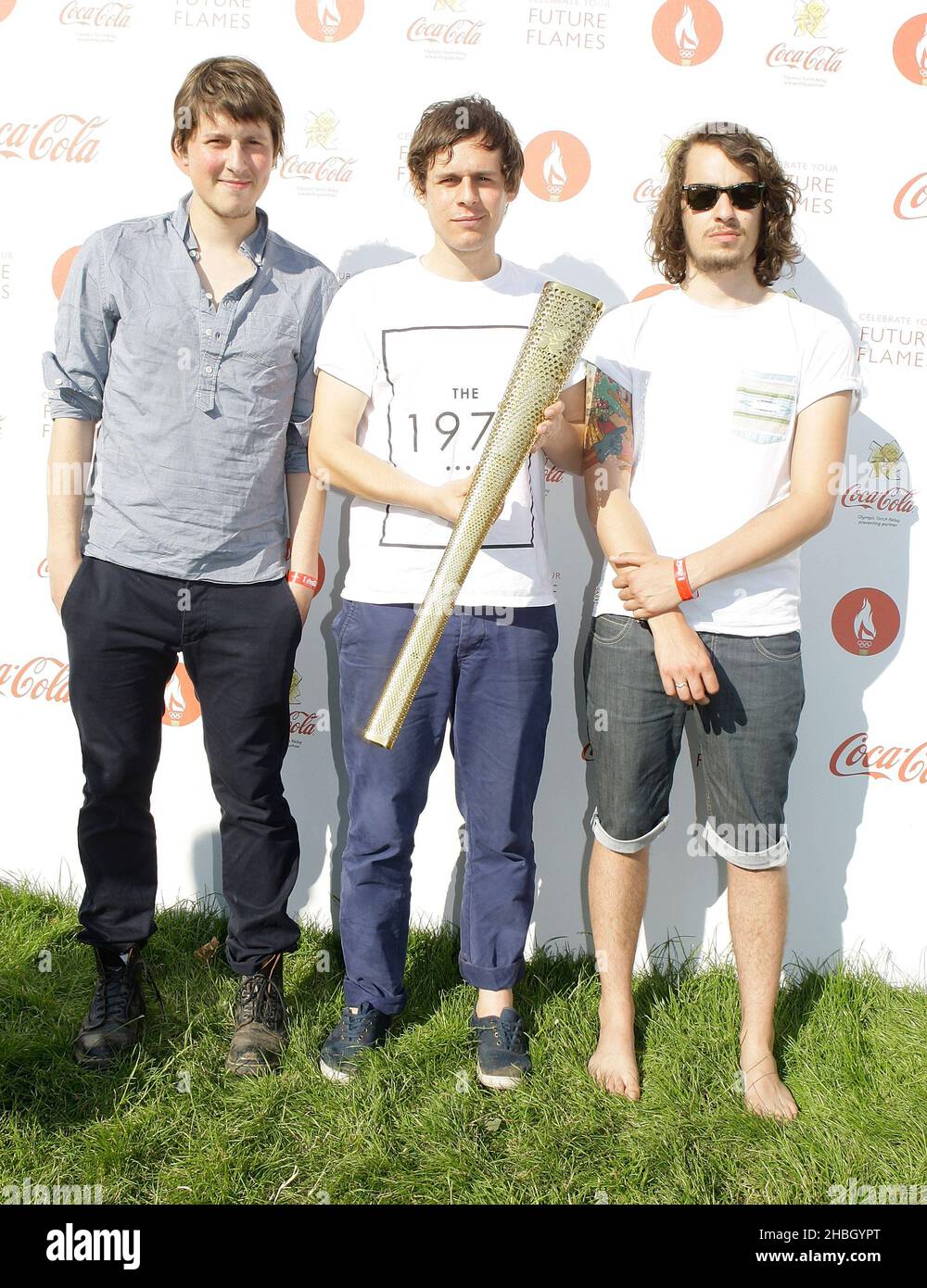 The Little Comets pose backstage with the Torch at Coca-Cola's London ...
