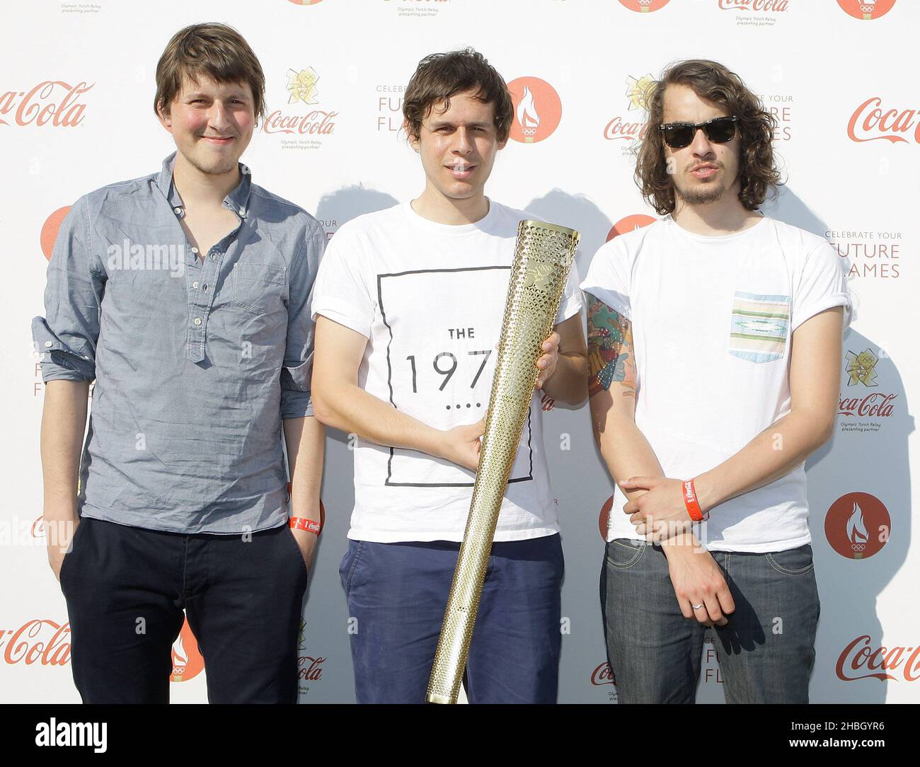 The Little Comets pose backstage with the Torch at Coca-Cola's London ...