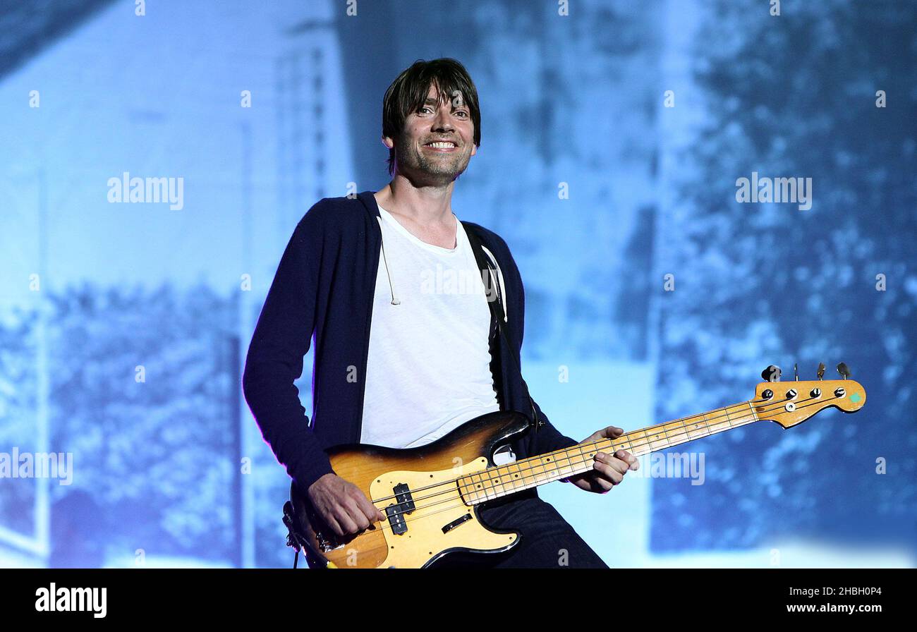 Alex James of Blur performing on stage at the BT London Live Closing ...