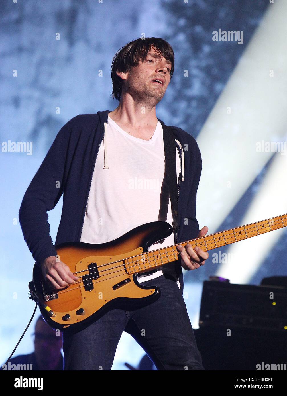 Alex James of Blur performing on stage at the BT London Live Closing ...