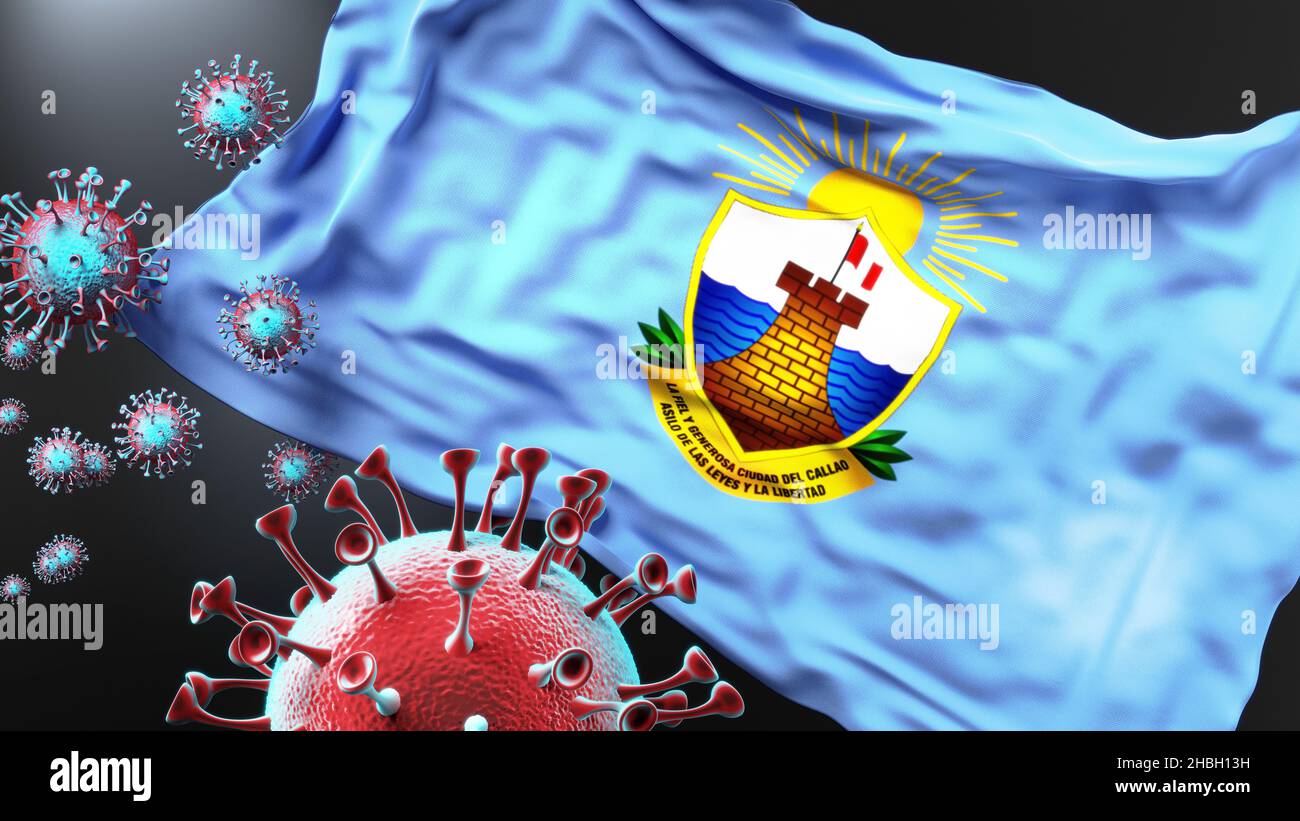 Callao and covid pandemic - virus attacking a city flag of Callao as a ...