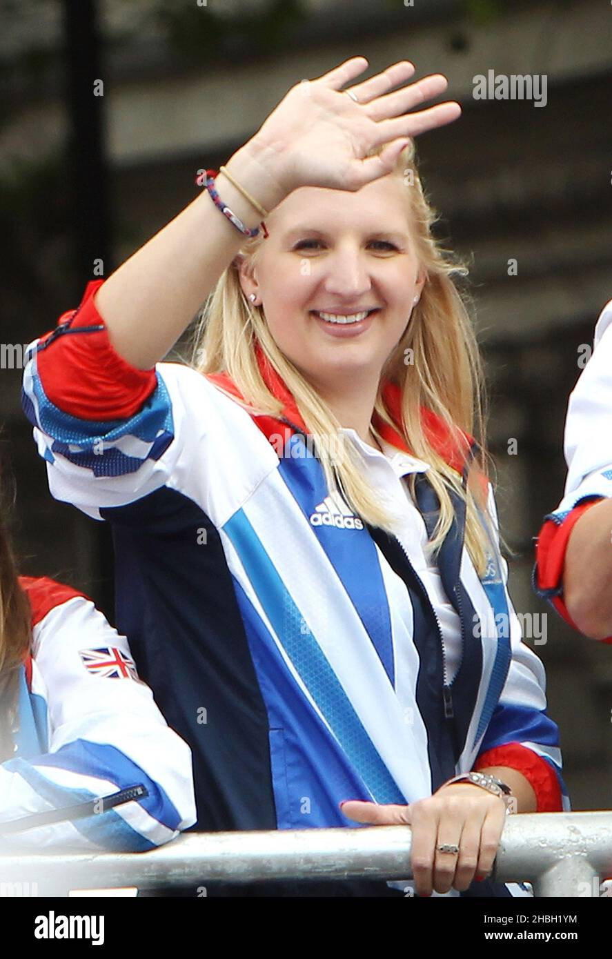 Rebecca Adlington, silver medalist swimmer, waves as the parade ...