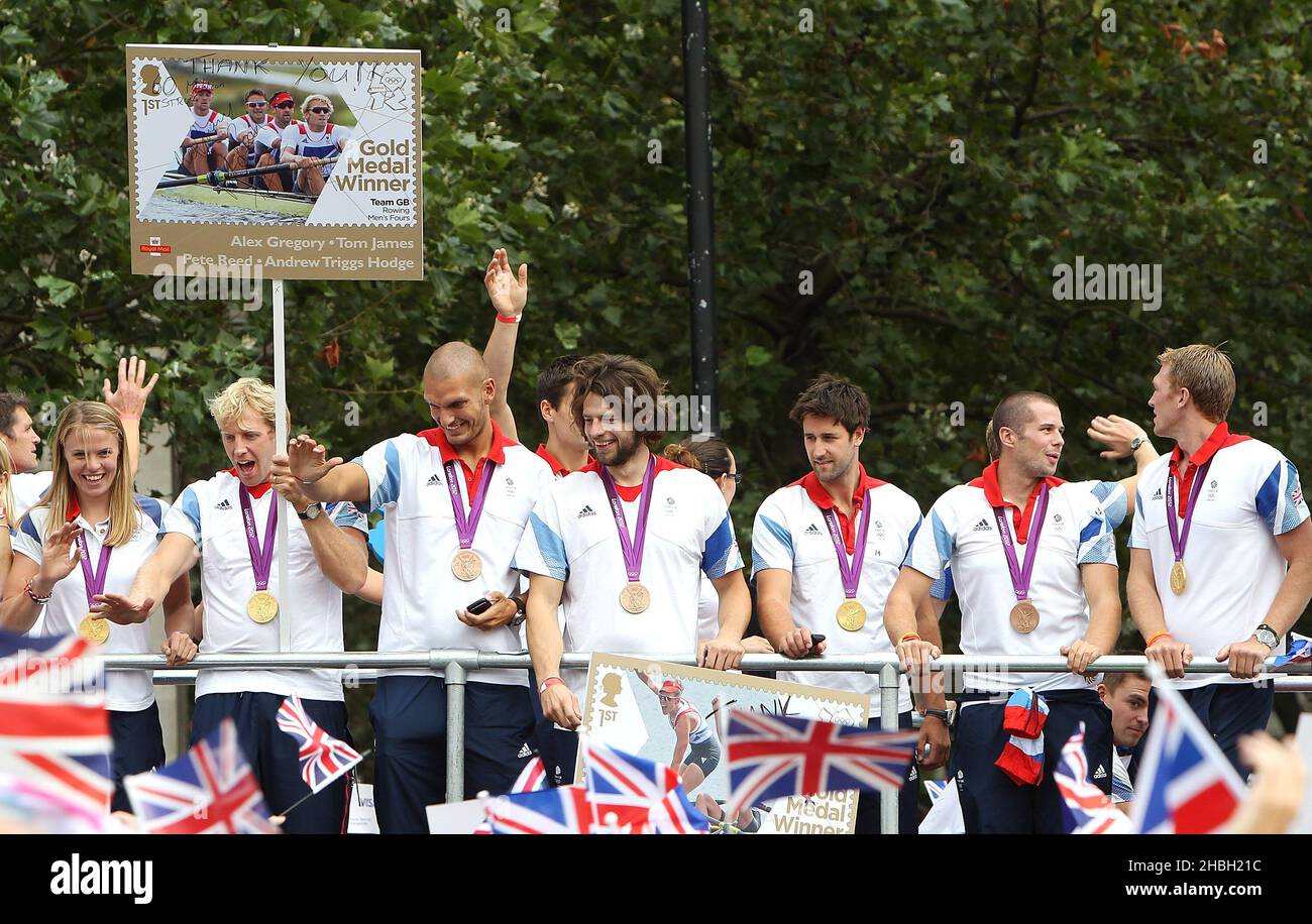 Mens Rowing Gold Medalists in the parade celebrating Britain's Olympic ...