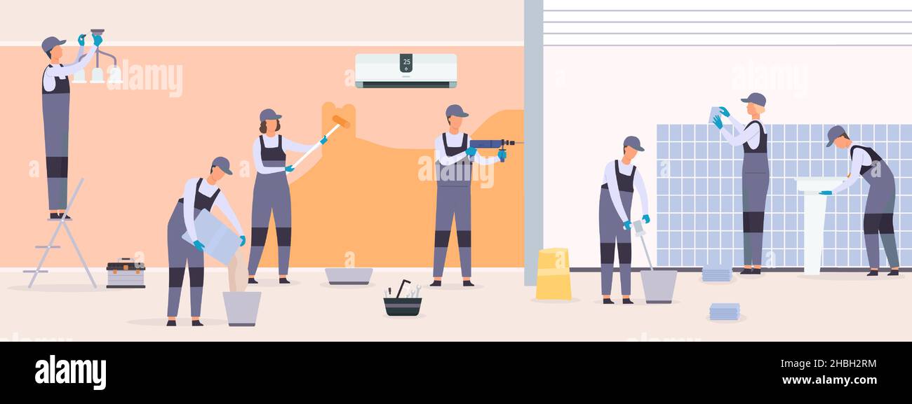 Professional repairman team renovatie living room interior. Repair ...