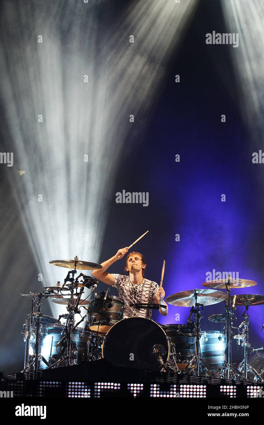Dominic Howard of Muse performs on stage at the 02 Arena in London ...