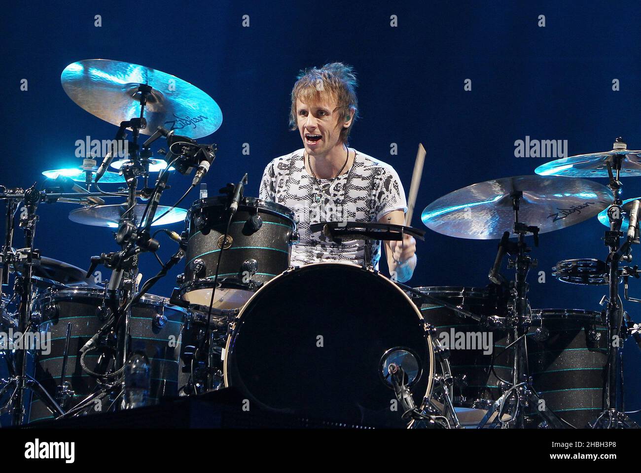 Dominic Howard of Muse performs on stage at the 02 Arena in London ...