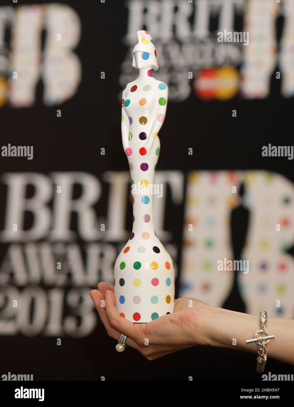 Brit Award Trophy designed by Damien Hirst at the Brit Awards 2013 ...