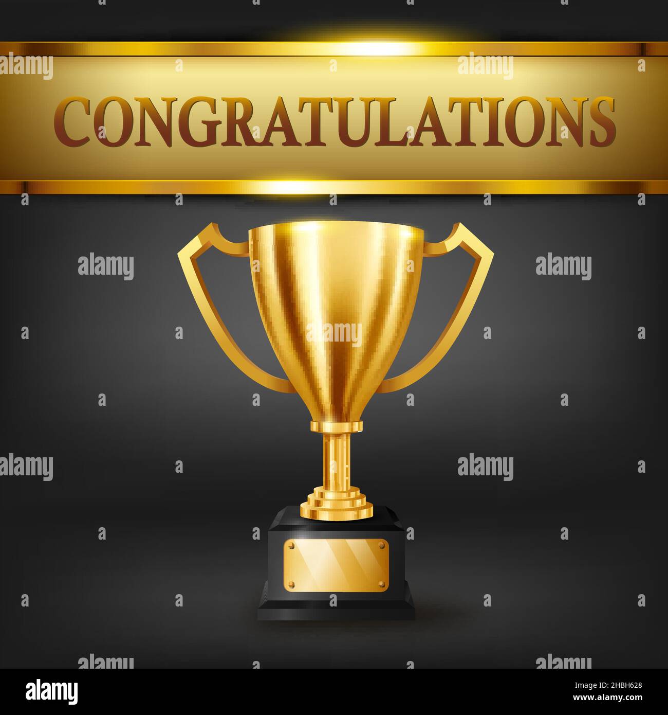 Realistic Golden Trophy and Congratulations text on shiny gold banner ...