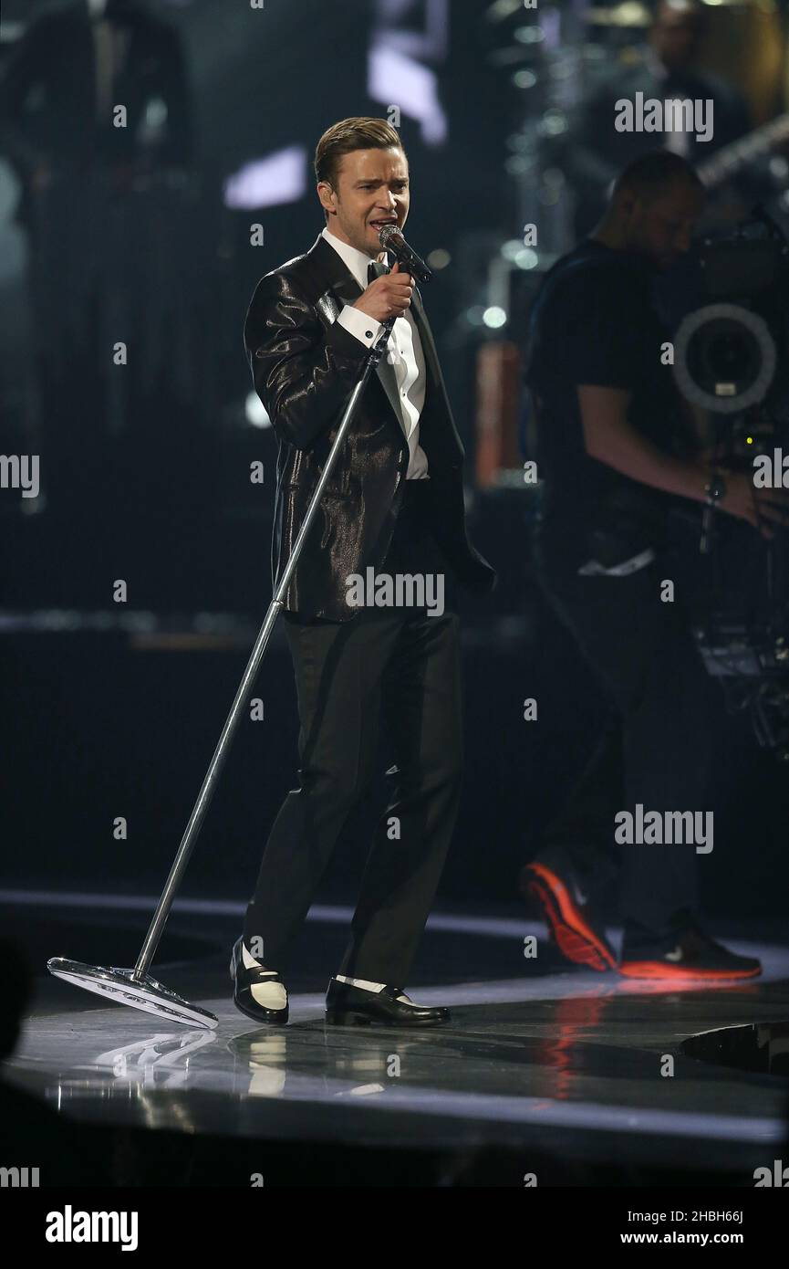 Justin Timberlake performs during the 2013 Brit Awards at the O2 Arena ...