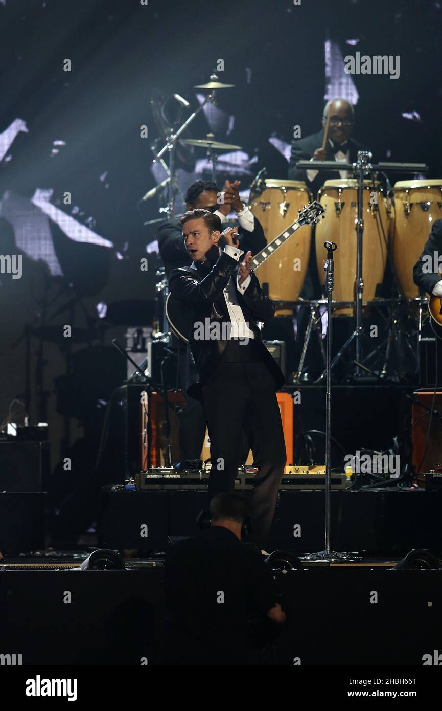 Justin Timberlake performs during the 2013 Brit Awards at the O2 Arena ...