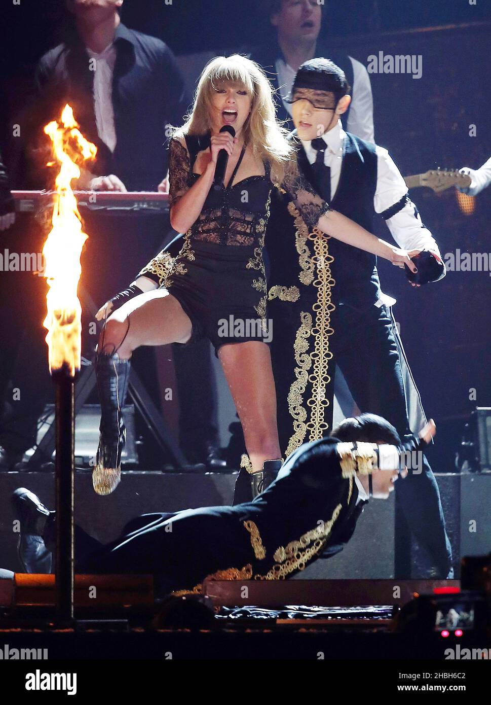 Taylor Swift performs on stage at the 2013 Brit Awards at the O2 Arena ...
