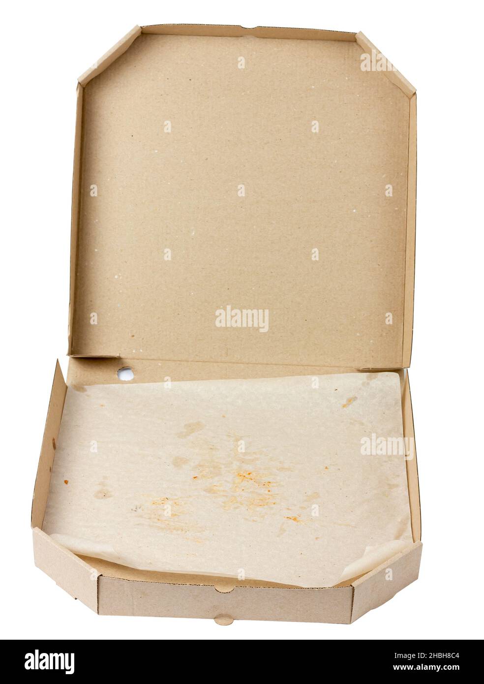 Pizza box on a white background. Dirty cardboard box. Empty box. Open ...