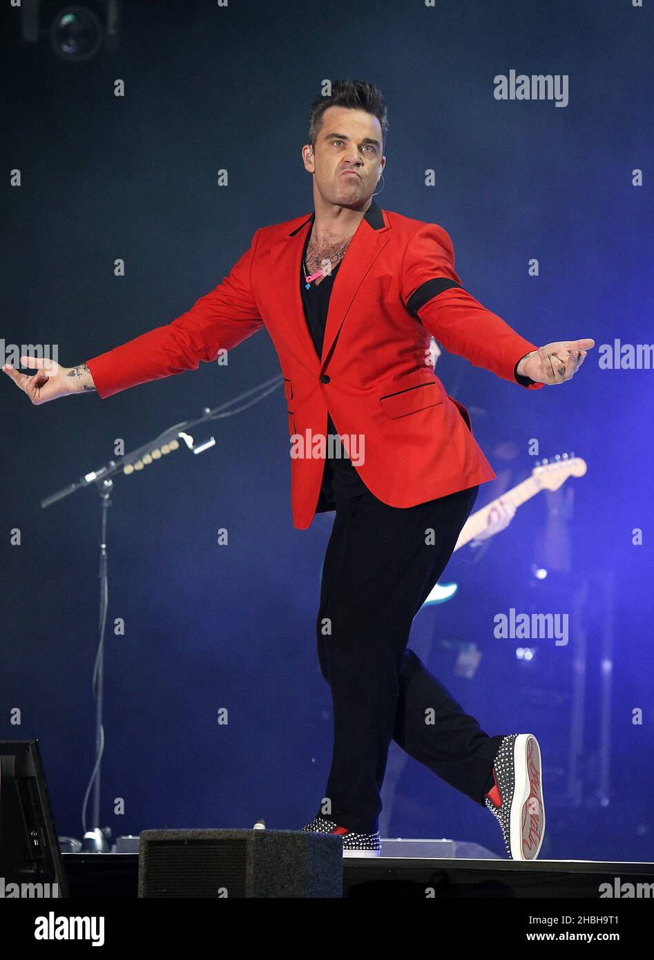 Robbie Williams performs on stage at the Capital FM's Summertime Ball ...