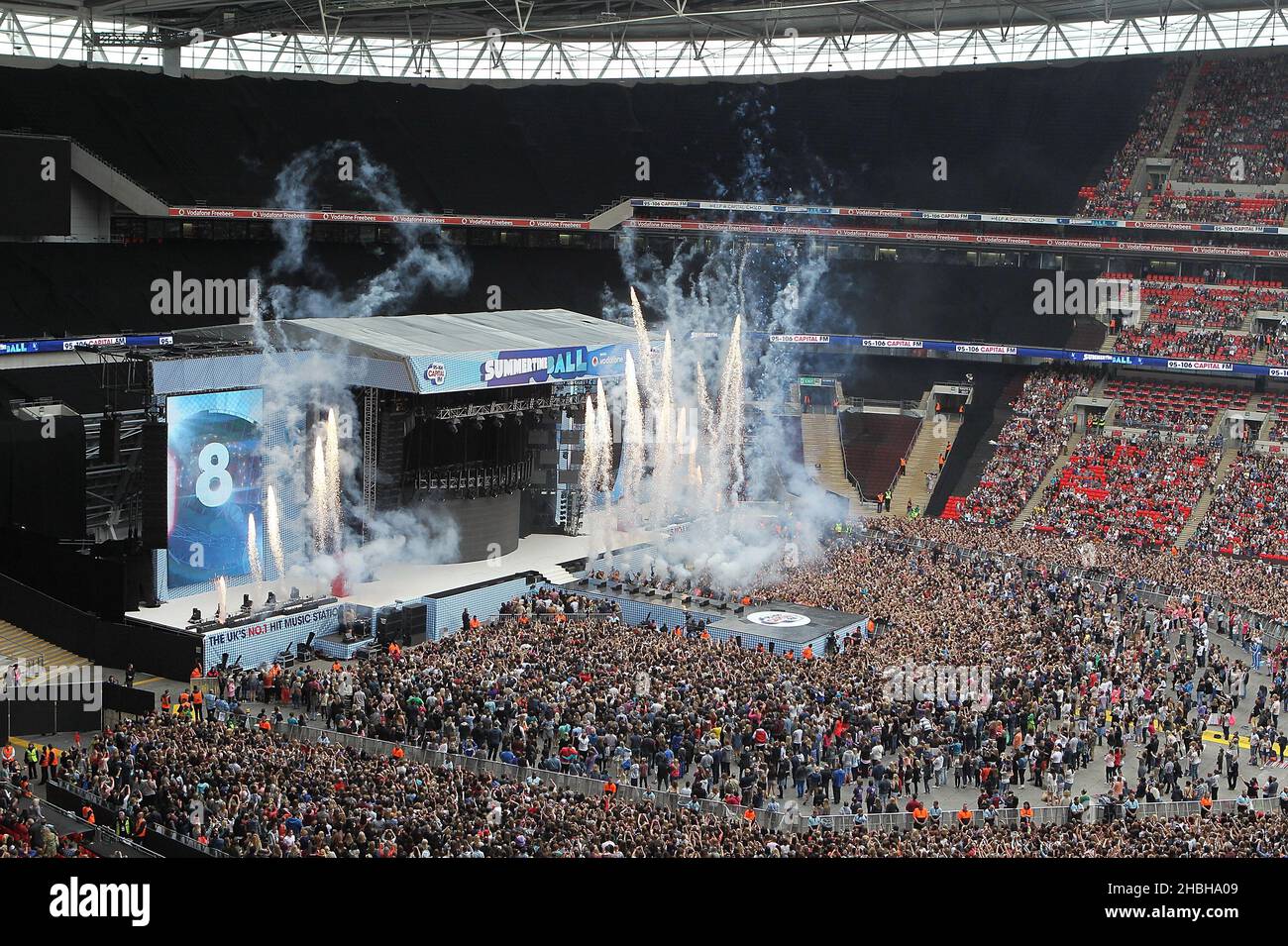 General View of fireworks and stage at the beginning of Capital FM's ...