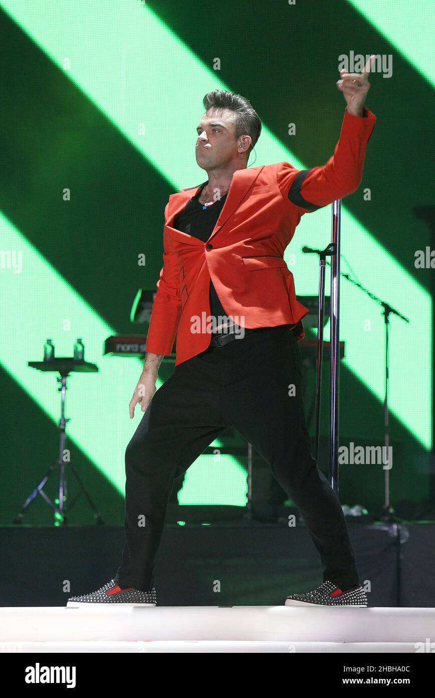 Robbie Williams performs on stage at Capital FM's Summertime Ball at ...