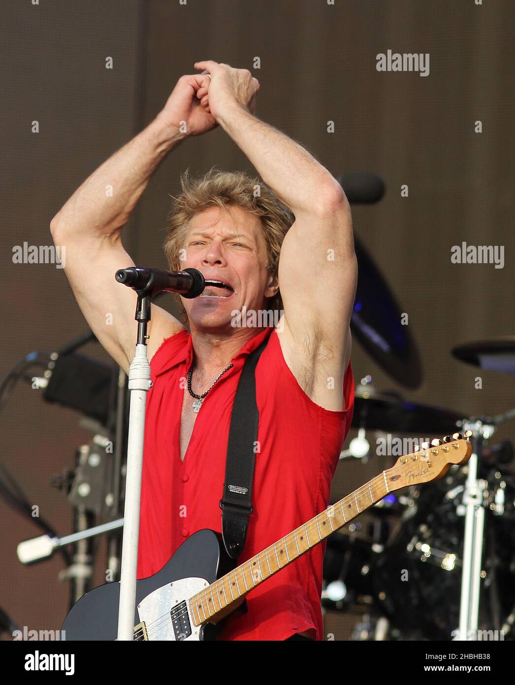 Jon Bon Jovi of Bon Jovi performing on stage at the Barclays Summertime ...