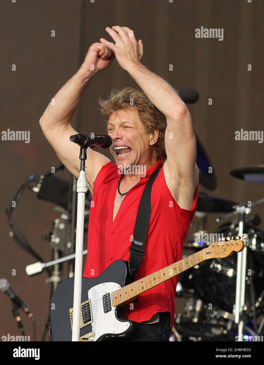 Jon Bon Jovi of Bon Jovi performing on stage at the Barclays Summertime ...