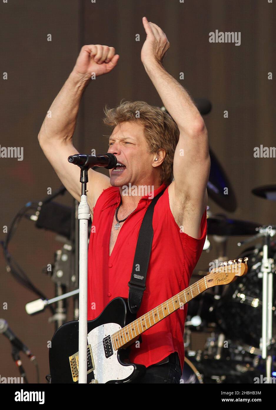 Jon Bon Jovi of Bon Jovi performing on stage at the Barclays Summertime ...